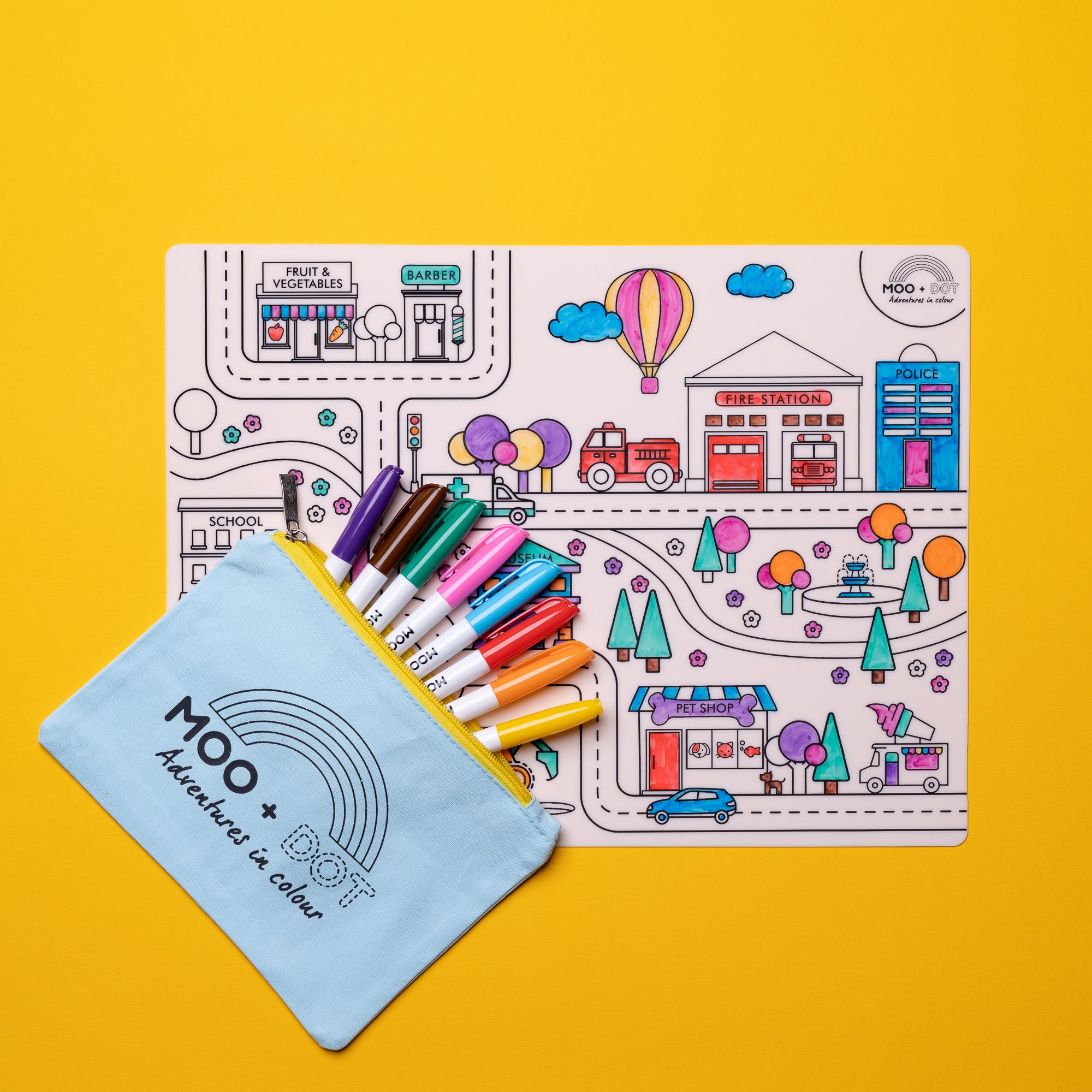 Adventures in dotville reusable silicone colouring mat set – Moo and Dot